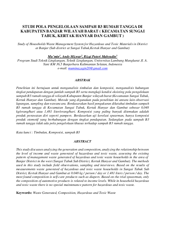 (PDF) Studi Pola Pengelolaan Sampah B3 Rumah Tangga DI Kabupaten Banjar Wilayah Barat ...