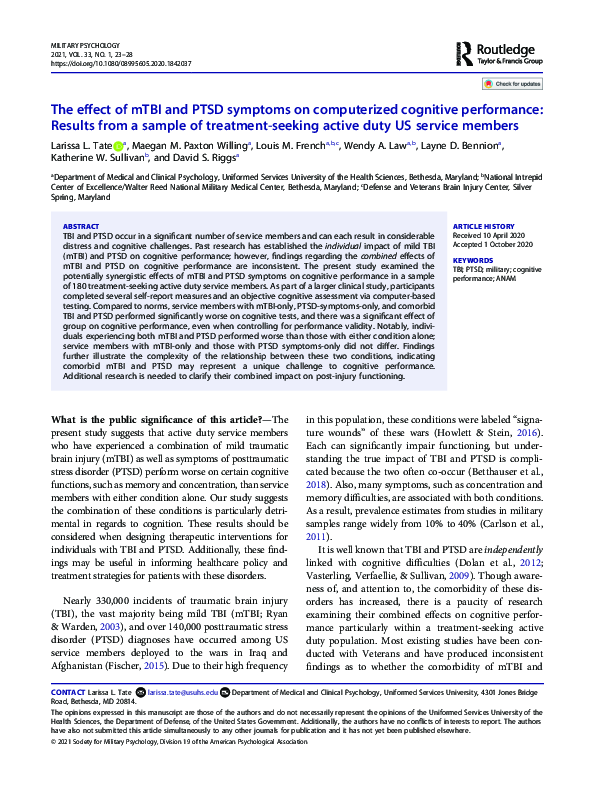 (PDF) The effect of mTBI and PTSD symptoms on computerized cognitive ...