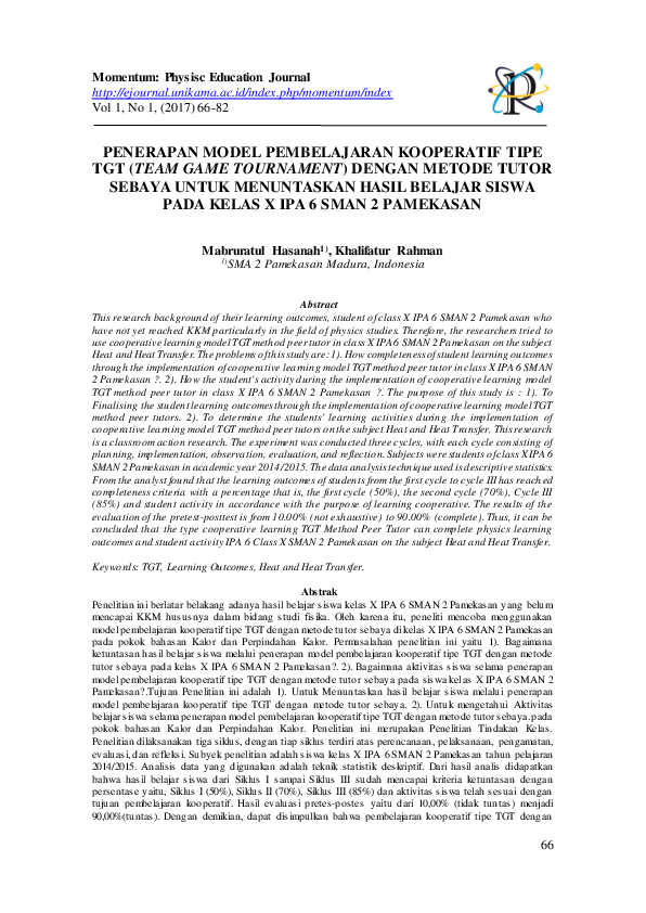 (PDF) Penerapan Model Pembelajaran Kooperatif Tipe TGT (Team Game Tournament) dengan Metode ...