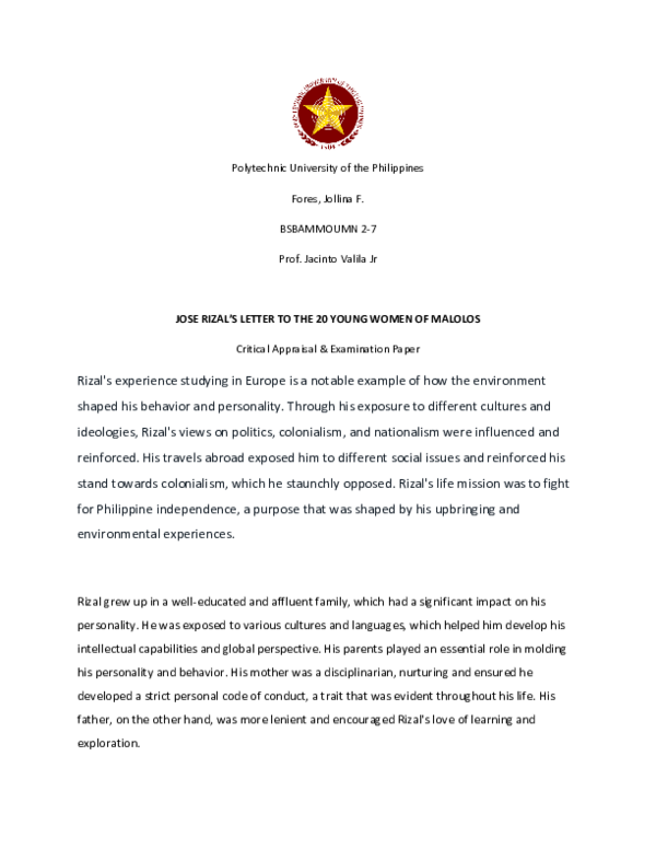 (PDF) JOSE RIZAL’S LETTER TO THE 20 YOUNG WOMEN OF MALOLOS Critical ...