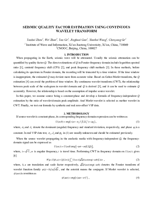 (PDF) Seismic quality factor estimation using continuous wavelet transform