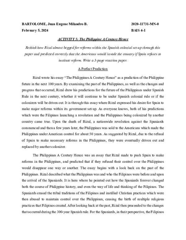 (PDF) BARTOLOME Activity 5 The Philippines A Century Hence