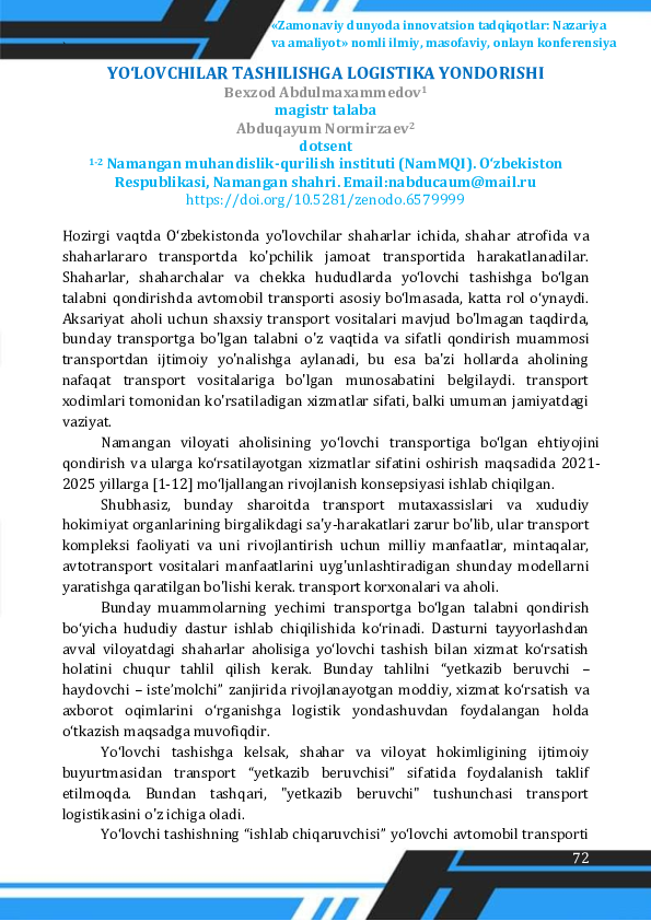 (PDF) Yo'Lovchilar Tashilishga Logistika Yondorishi