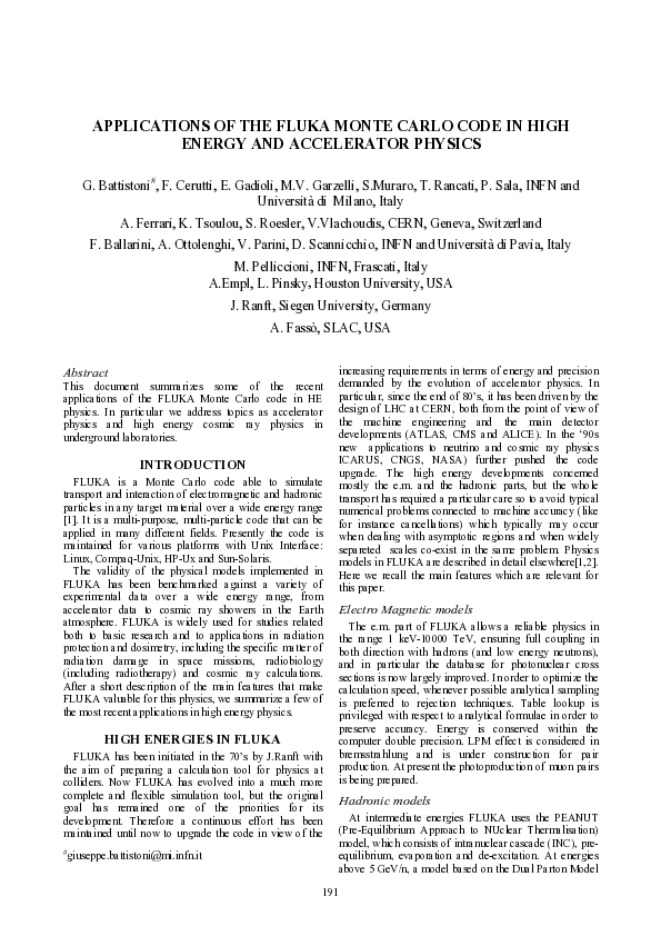 (PDF) Applications of the FLUKA Monte Carlo code in High Energy and Accelerator Physics