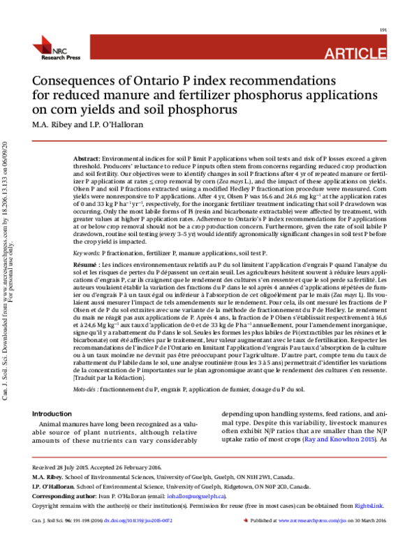 (PDF) Consequences of Ontario P index recommendations for reduced ...