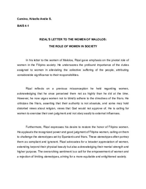 (PDF) RIZAL’S LETTER TO THE WOMEN OF MALOLOS: THE ROLE OF WOMEN IN SOCIETY
