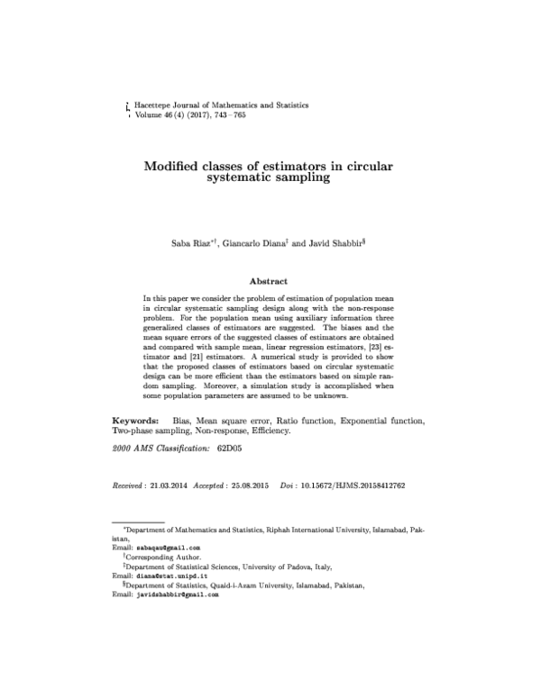 Pdf Modified Classes Of Estimators In Circular Systematic Sampling