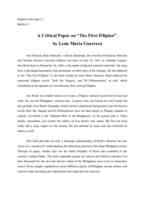 (PDF) A Critical Paper on "The First Filipino" by León María Guerrero ...