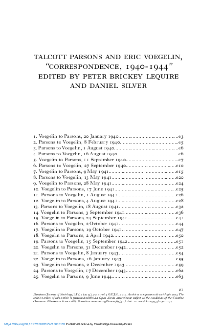 (PDF) Talcott Parsons and Eric Voegelin, “Correspondence, 1940-1944 ...