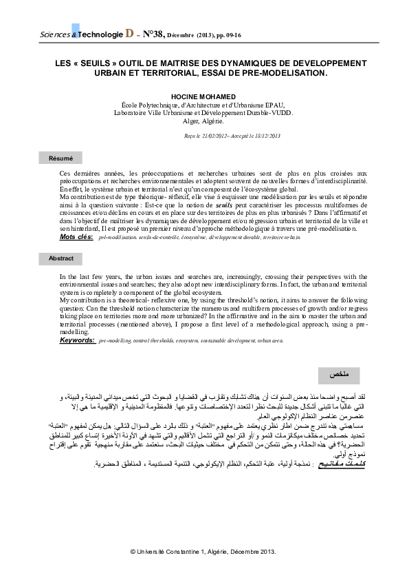 (PDF) Les « Seuils » Outil De Maitrise Des Dynamiques De Developpement Urbain et Territorial ...