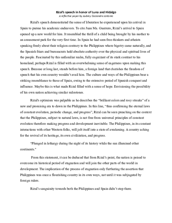 (PDF) Rizal's speech in honor of Luna and Hidalgo: A reflection paper