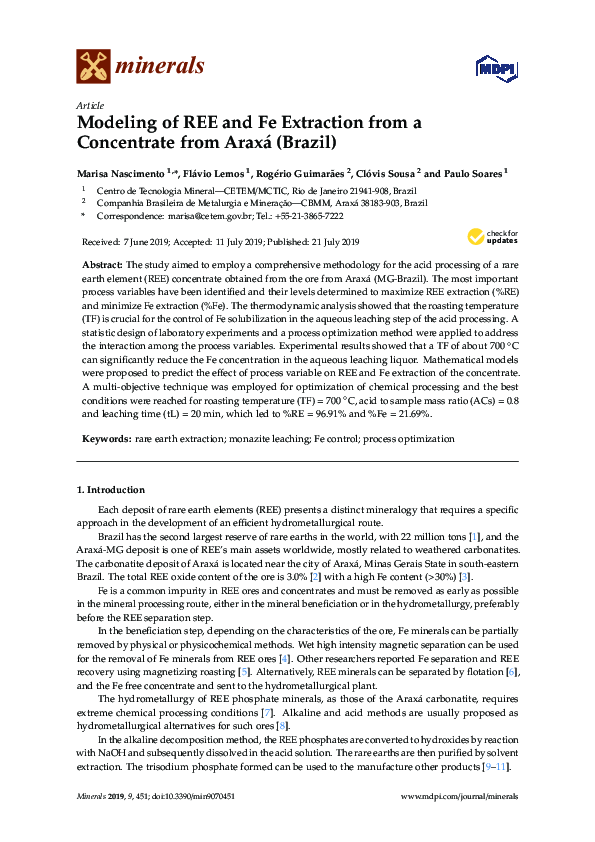 (PDF) Modeling of REE and Fe Extraction from a Concentrate from Araxá ...