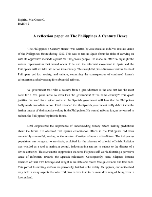 (PDF) REFLECTION_PAPER_The_Philippines_A_Century_Hence