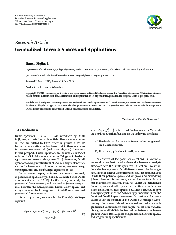 (PDF) Generalized Lorentz Spaces and Applications