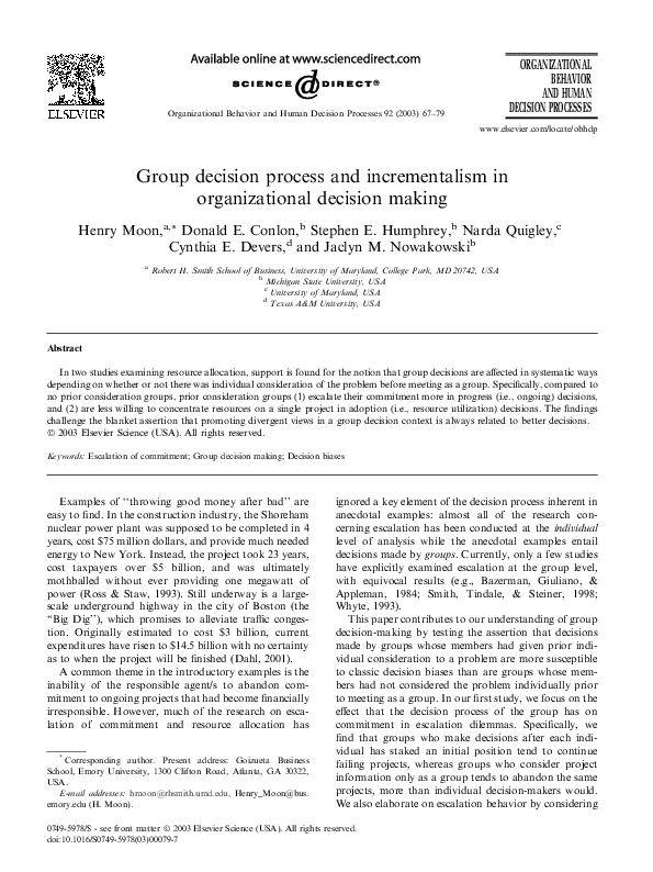 (PDF) Group decision process and incrementalism in organizational decision making