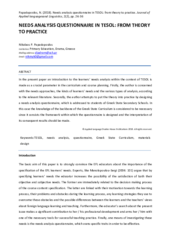 (PDF) Needs Analysis Questionnaire in TESOL: From Theory to Practice