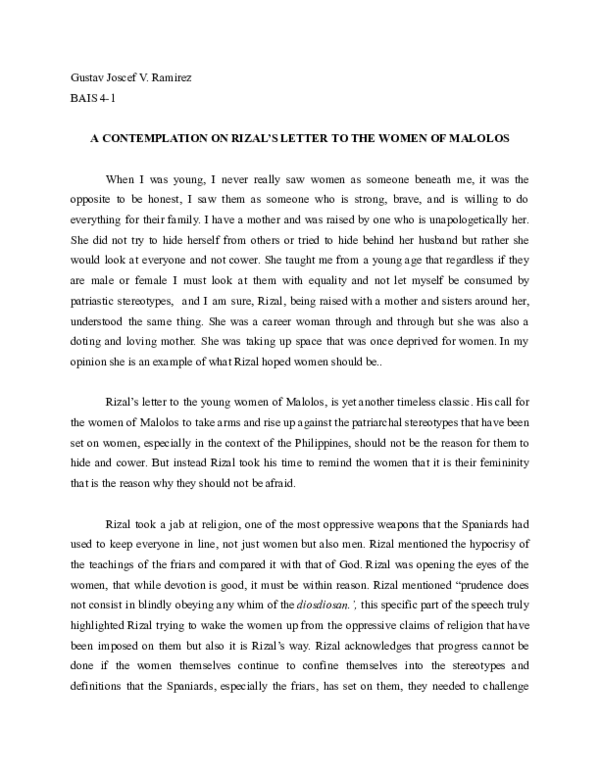 (PDF) A CONTEMPLATION ON RIZAL'S LETTER TO THE WOMEN OF MALOLOS ...