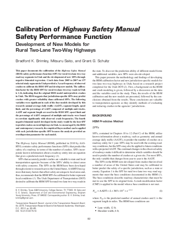 (PDF) Calibration of Highway Safety Manual Safety Performance Function