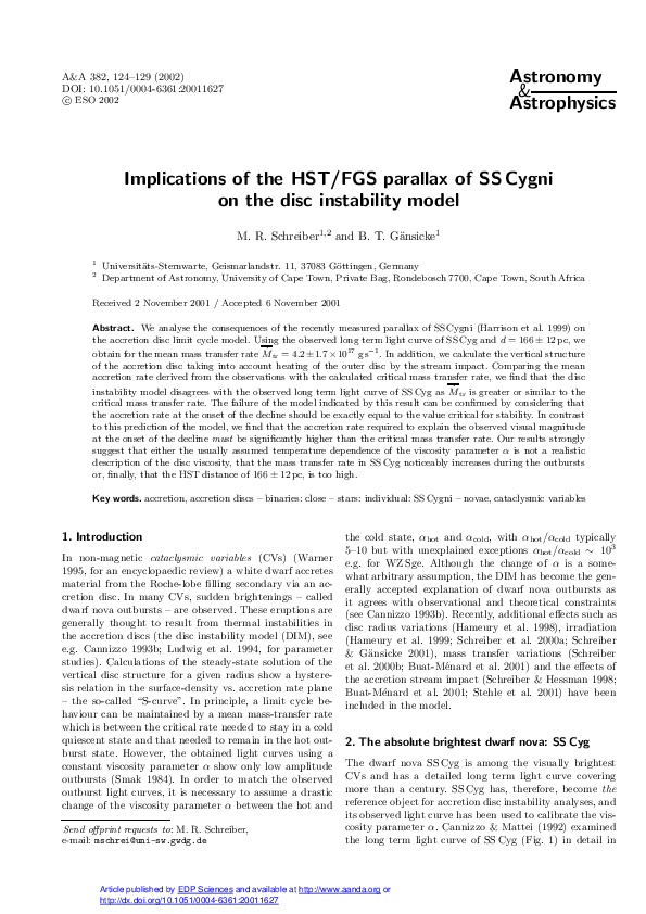 (PDF) Implications of the HST/FGS parallax of SS Cygni on the disc ...