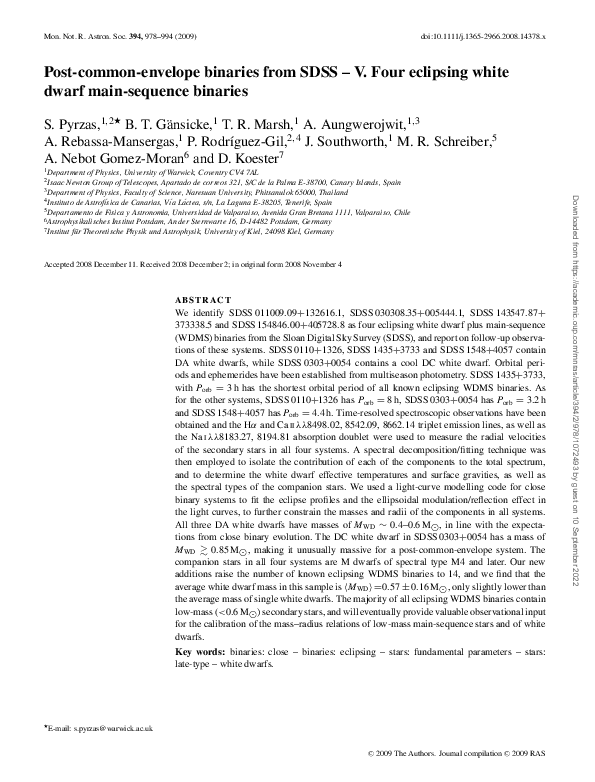 (PDF) Post-common-envelope binaries from SDSS - V. Four eclipsing white ...