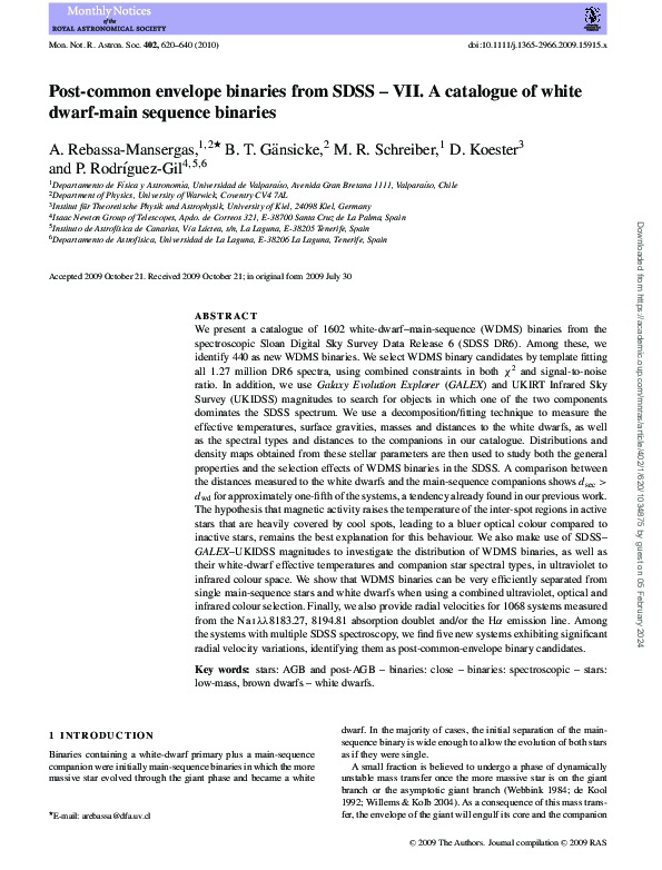 (PDF) Post-common envelope binaries from SDSS - VII. A catalogue of white dwarf-main sequence ...