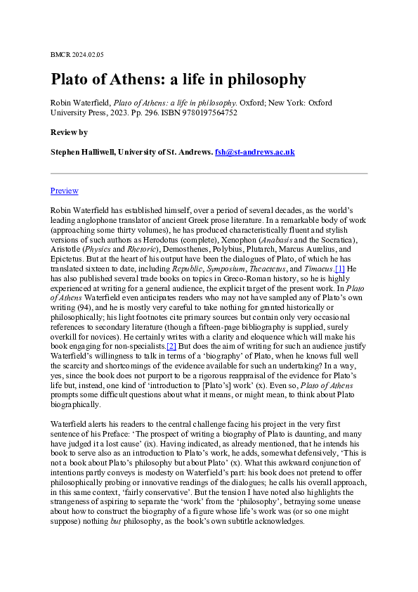 (PDF) Book review of Robin Waterfield, Plato of Athens: a life in ...