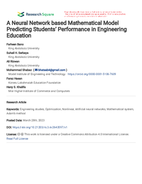 (PDF) A Neural Network based Mathematical Model Predicting Students’ Performance in Engineering ...