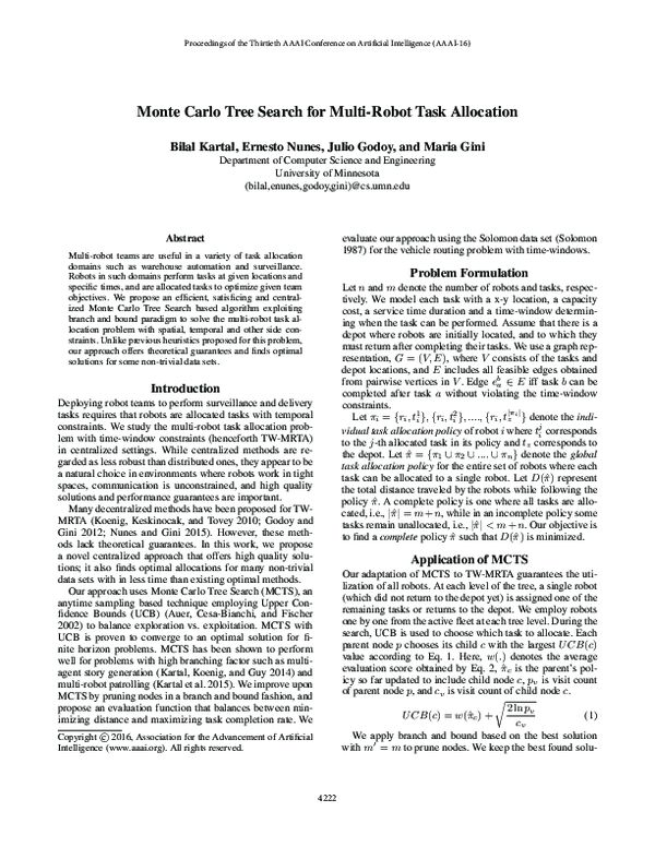 Pdf Monte Carlo Tree Search For Multi Robot Task Allocation