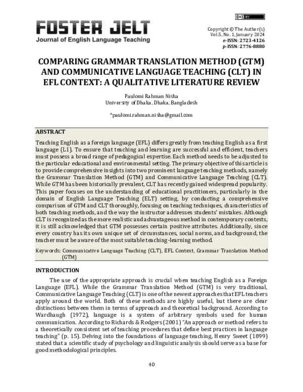 (PDF) Comparing Grammar Translation Method (GTM) And Communicative Language Teaching (CLT) In ...