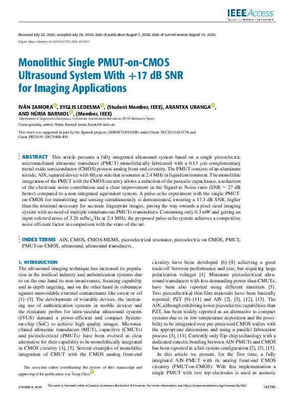 (PDF) Monolithic Single PMUT-on-CMOS Ultrasound System With +17 dB SNR for Imaging Applications
