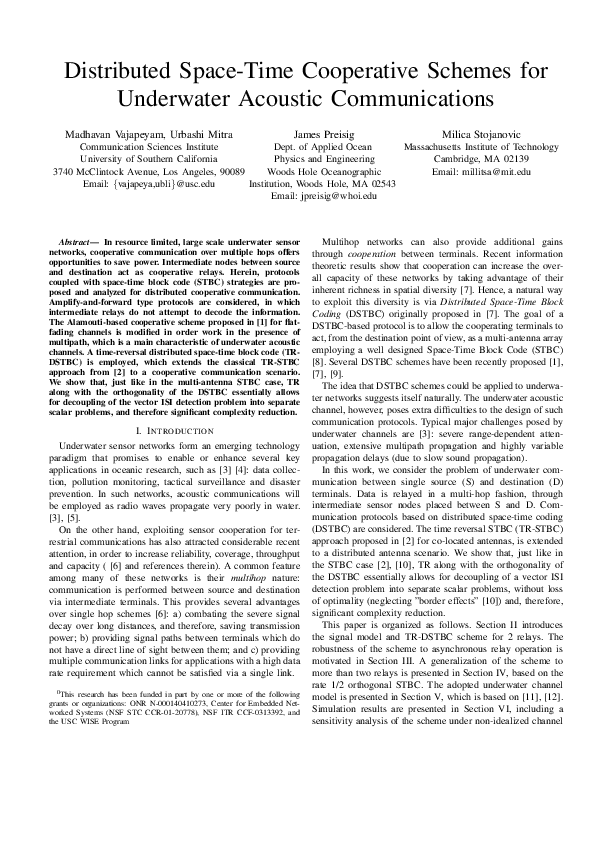 (PDF) Distributed Space–Time Cooperative Schemes for Underwater Acoustic Communications