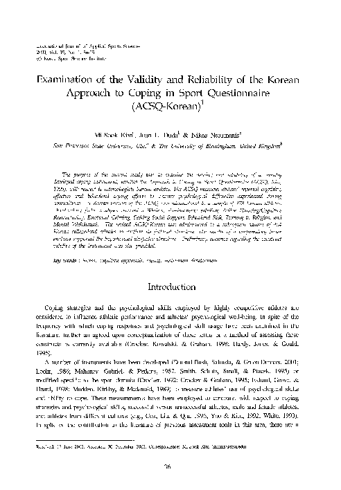 (PDF) Examination of the Validity and Reliability of the Korean Approach to Coping in Sport ...