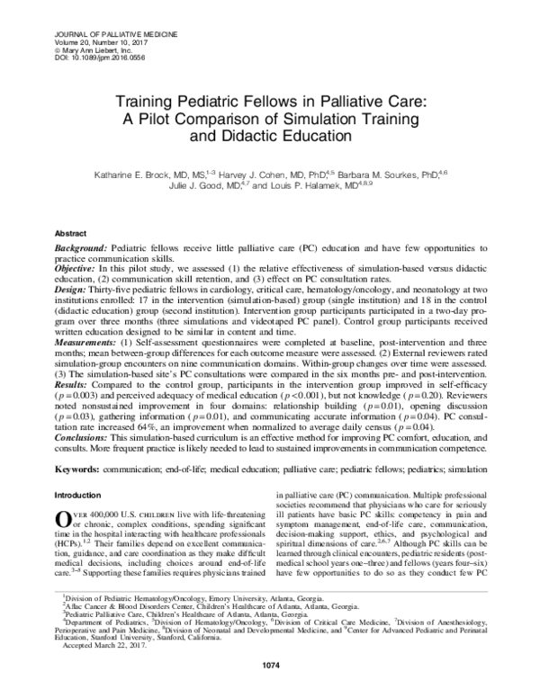 (PDF) Training Pediatric Fellows in Palliative Care: A Pilot Comparison of Simulation Training ...
