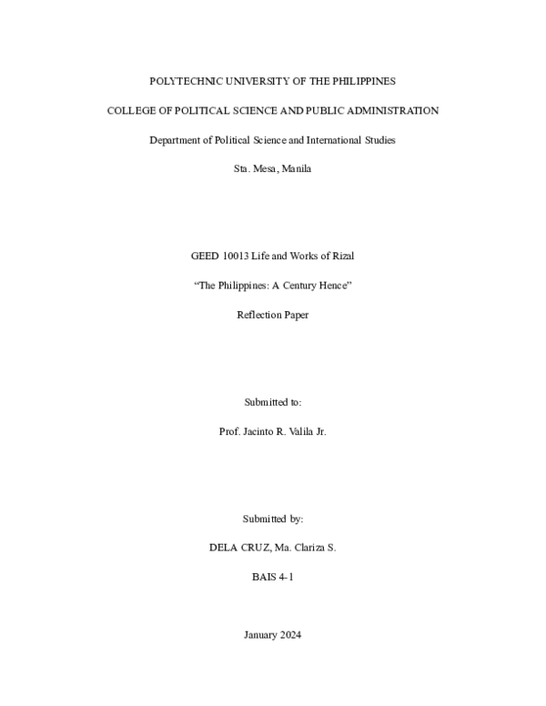(PDF) The Philippines a Century Hence Reflection Paper