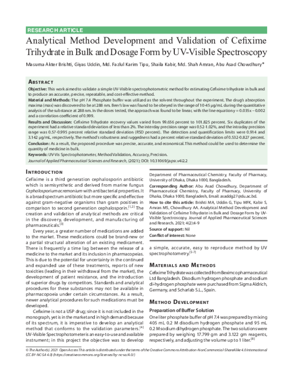 (PDF) UV Method for Cefixime Trihydrate Validation