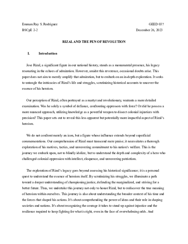 (PDF) RIZAL AND THE PEN OF REVOLUTION: A REFLCTION PAPER ON WHY RIZAL ...