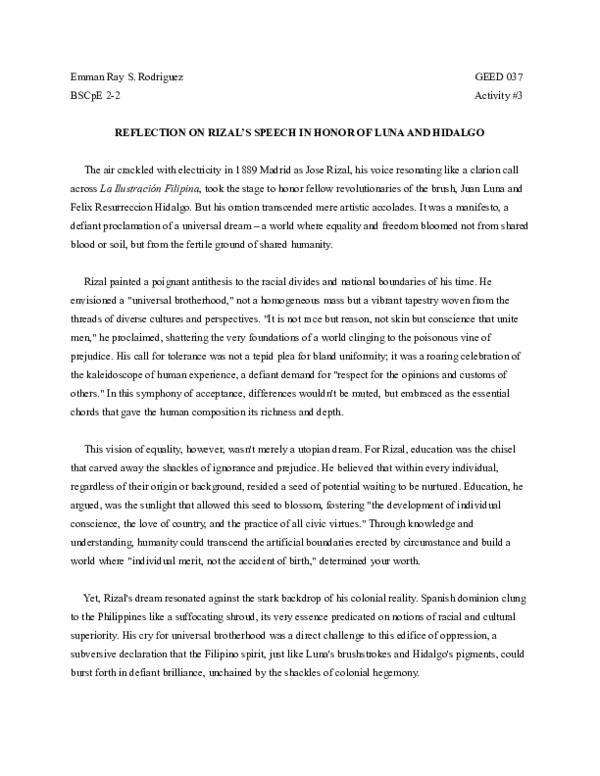 (PDF) REFLECTION ON RIZAL’S SPEECH IN HONOR OF LUNA AND HIDALGO | Emman Ray Rodriguez - Academia.edu