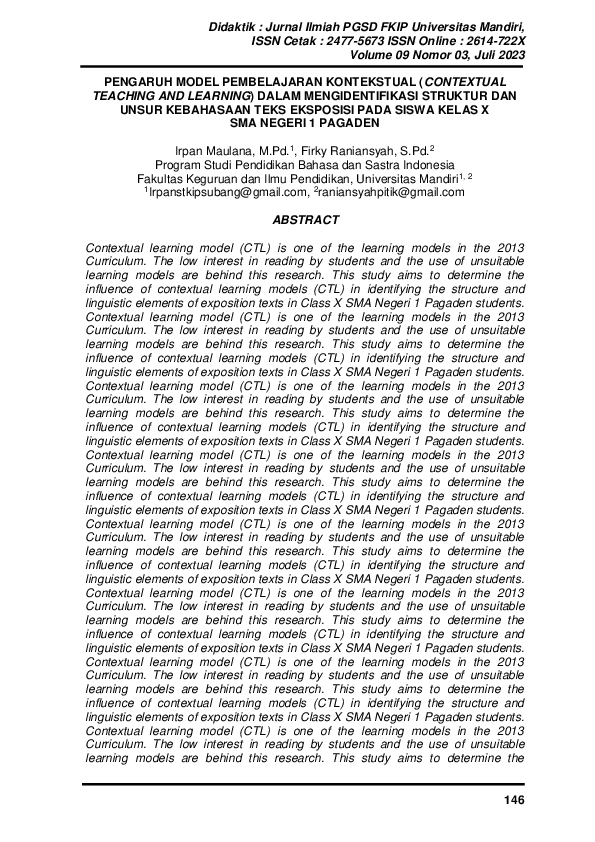 (PDF) Pengaruh Model Pembelajaran Kontekstual (Contextual Teaching and Learning) Dalam ...