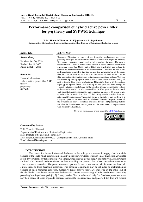 Pdf Performance Comparison Of Hybrid Active Power Filter For P Q Theory And Svpwm Technique