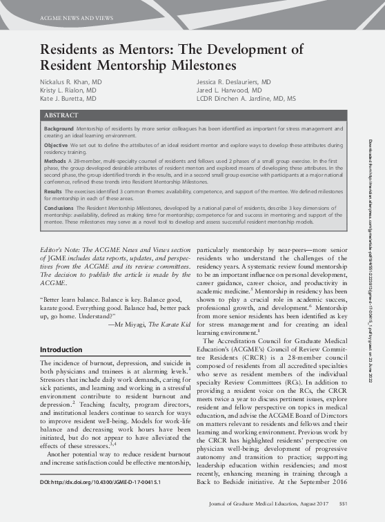 (PDF) Residents as Mentors: The Development of Resident Mentorship ...