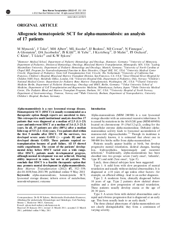 (PDF) Allogeneic hematopoietic SCT for alpha-mannosidosis: an analysis ...