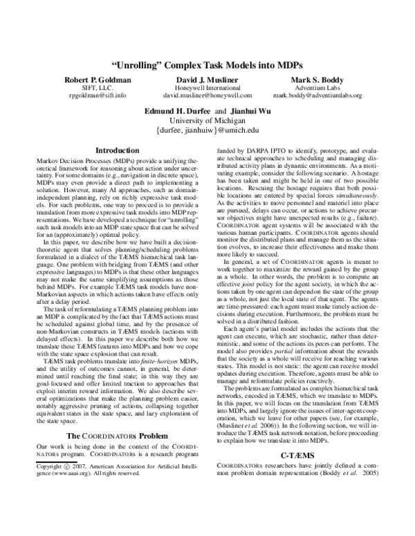 (PDF) Unrolling Complex Task Models into MDPs