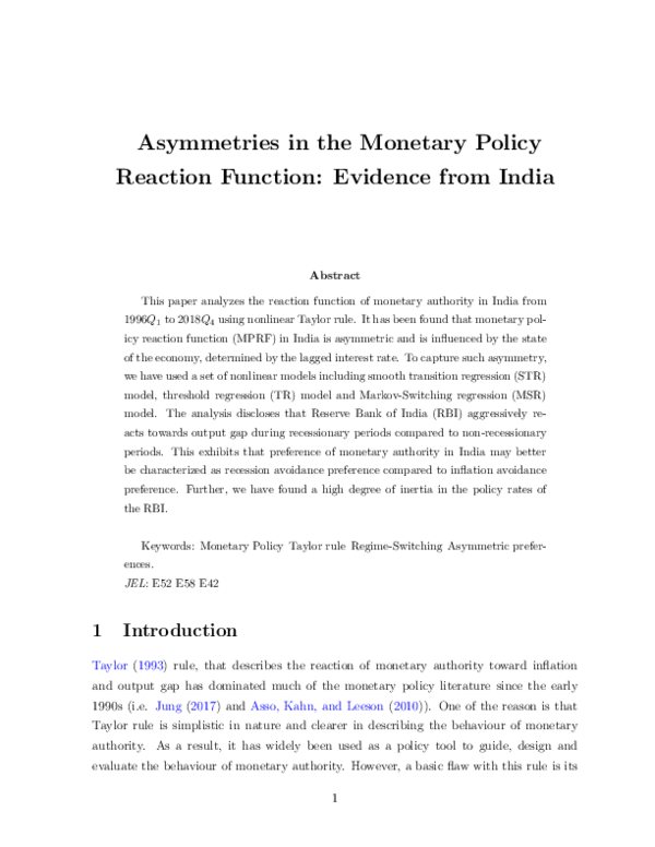 (PDF) Asymmetries in the monetary policy reaction function: evidence ...