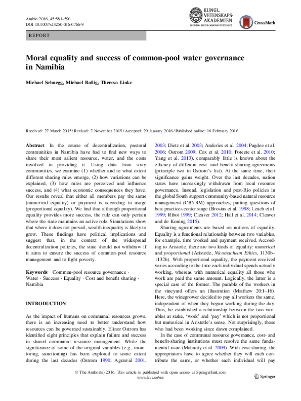 (PDF) Moral equality and success of common-pool water governance in Namibia