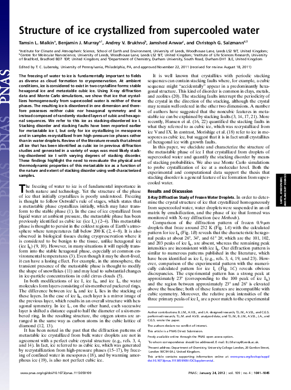 (PDF) Structure Of Ice Crystallized From Supercooled Water: Stacking ...