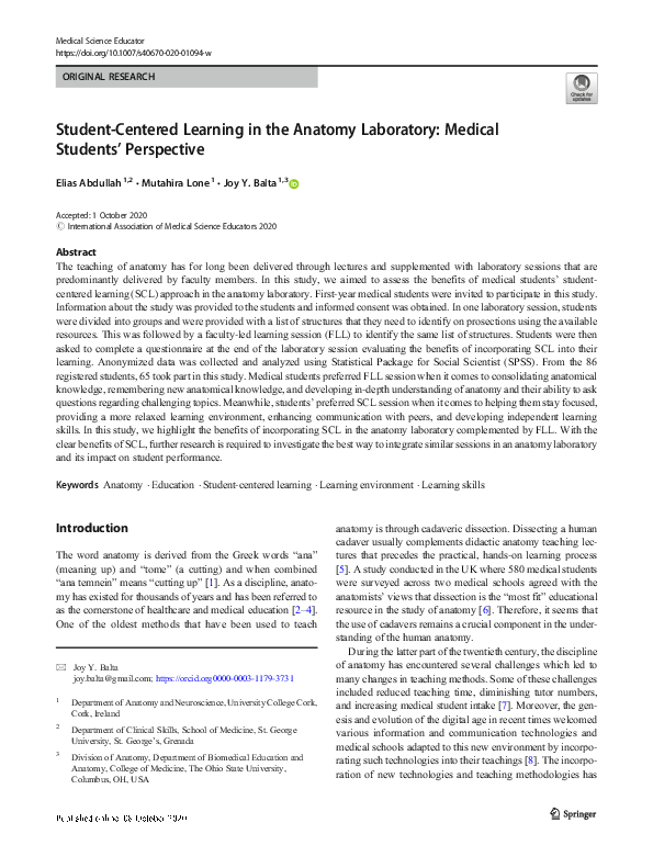(PDF) Student-Centered Learning in the Anatomy Laboratory: Medical ...