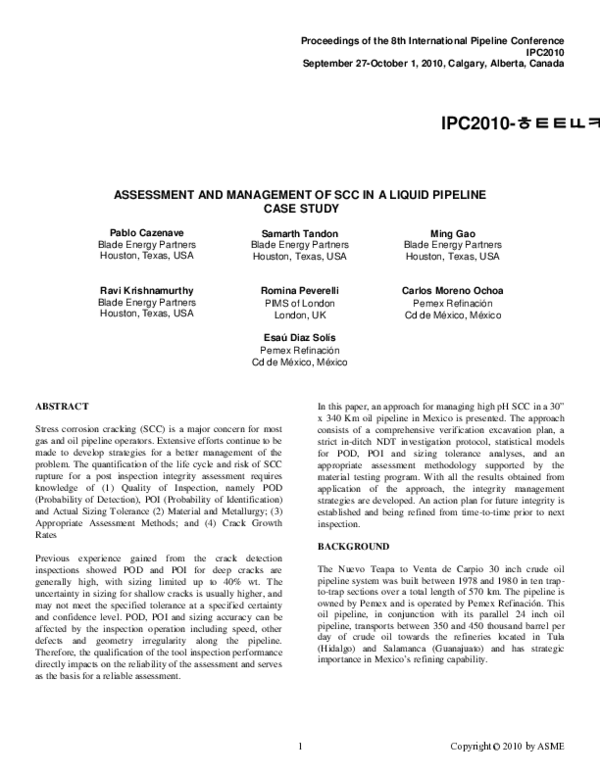 (PDF) Assessment and Management of SCC in a Liquid Pipeline: Case Study