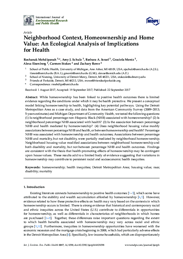 (PDF) Neighborhood Context, Homeownership and Home Value: An Ecological ...