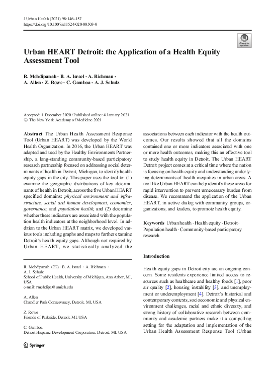 (PDF) Urban HEART Detroit: the Application of a Health Equity ...