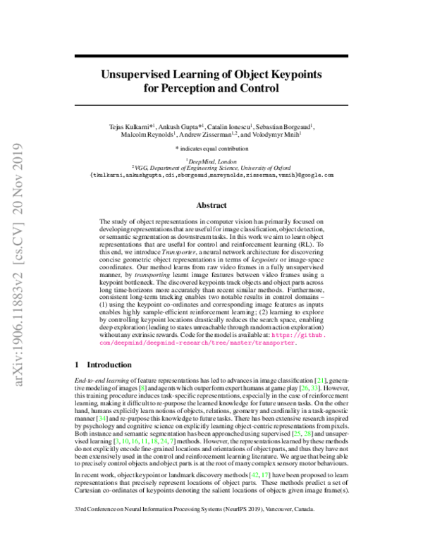 (PDF) Unsupervised Learning of Object Keypoints for Perception and Control